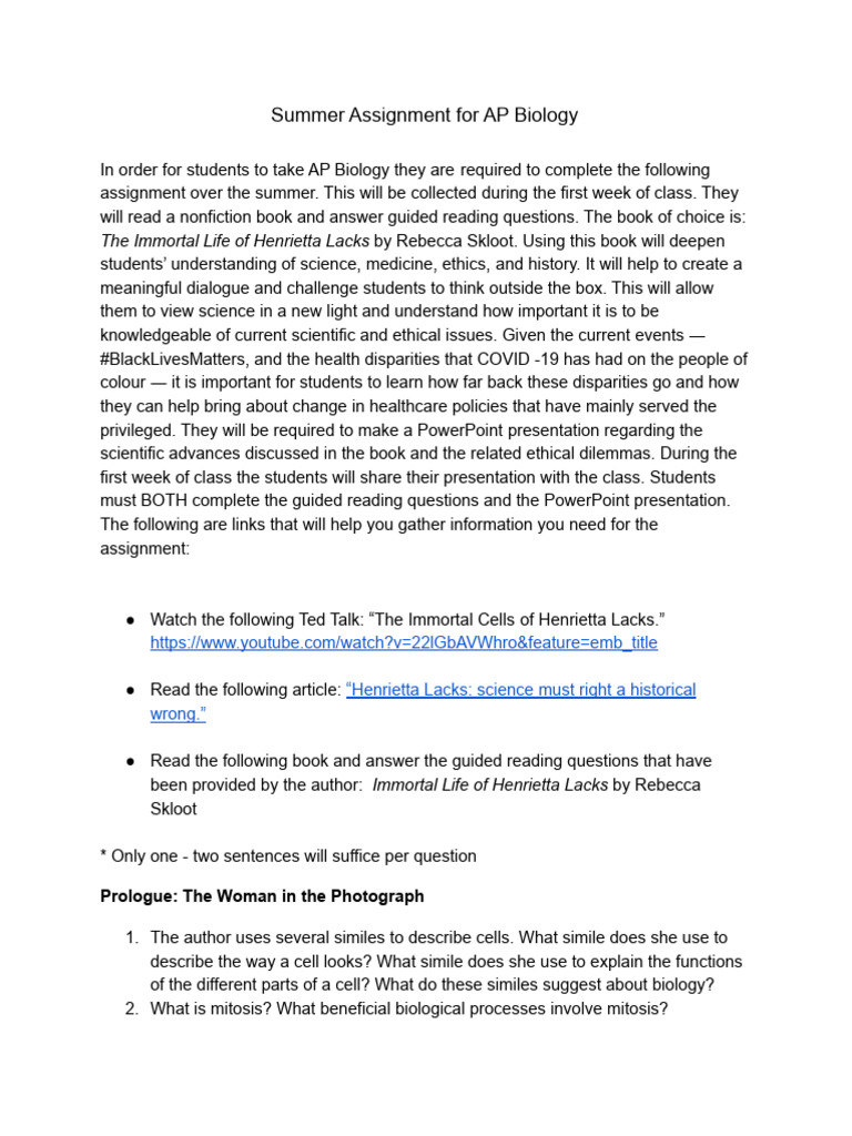 Summer Assignment For AP Biology 2021-22 | PDF | He La | Informed Consent