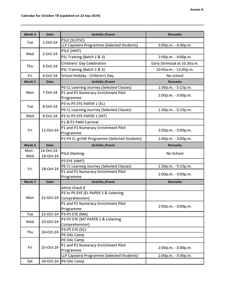 Calendar of Events - 2024 (Term4 - OctTB) - 2 | PDF