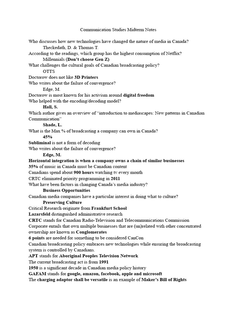 Canadian Communication Studies Midterm Notes | PDF | Communication ...