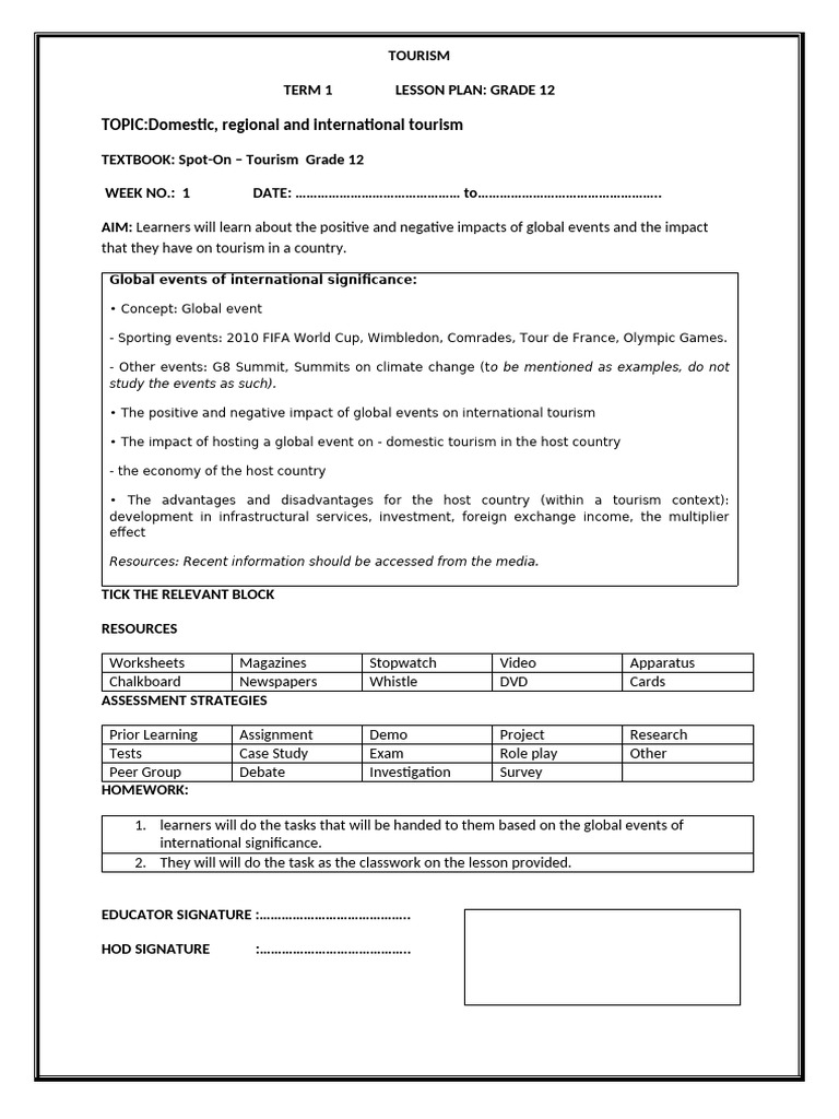 Lesson Plan Grade 12 Tourism | PDF | Lesson Plan | Master Card