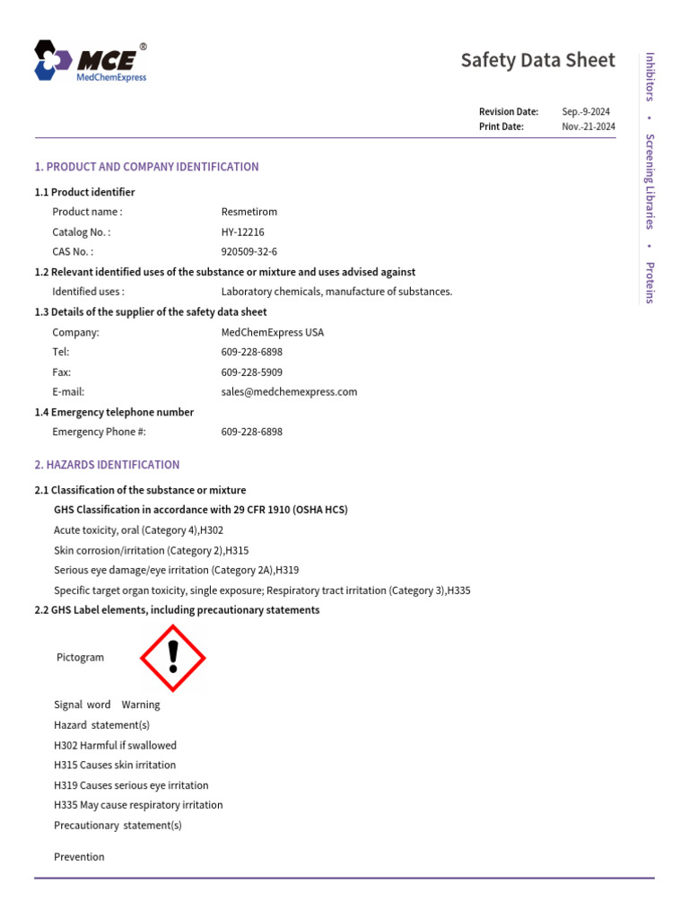 Resmetirom Safety Data Sheet | PDF | Toxicity | Safety