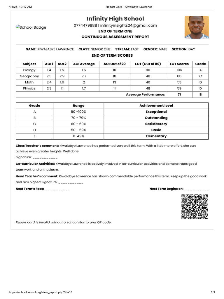 Report Card - Kiwalabye Lawrence | PDF