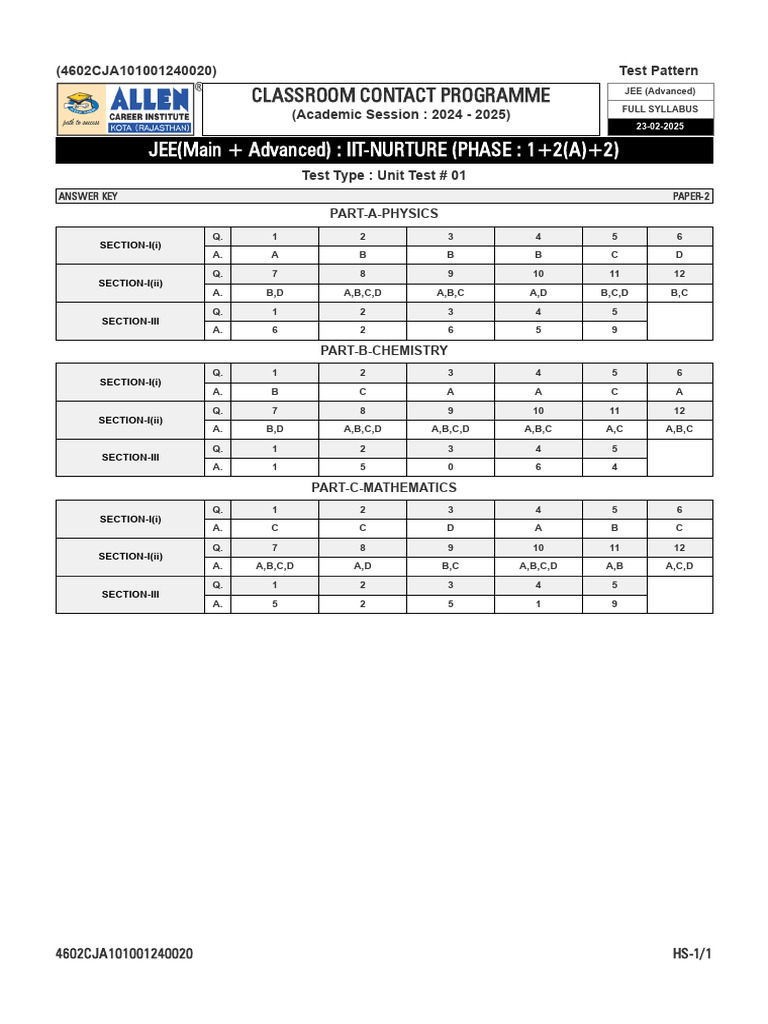 A TP+Regular Full Test P 1+2A+2 NURTURE JEE Advanced 23 02 2025 | PDF ...