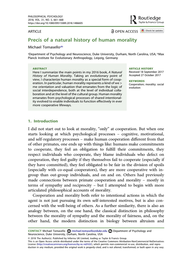 Evolution of Human Morality Explained | PDF | Michael Tomasello | Morality