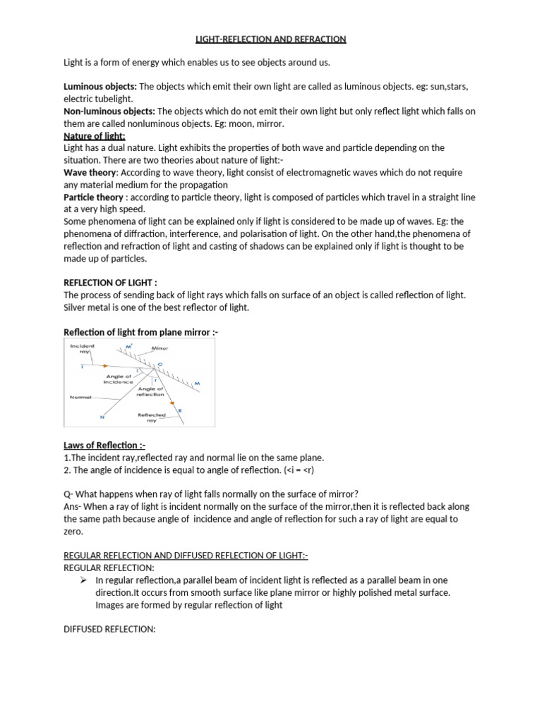 Light Notes Class 10 Updated | PDF | Light | Reflection (Physics)