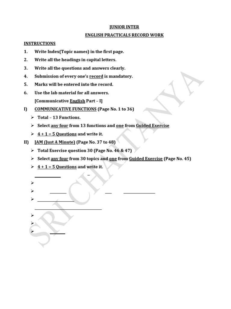 Junior English Practicals Record Work | PDF