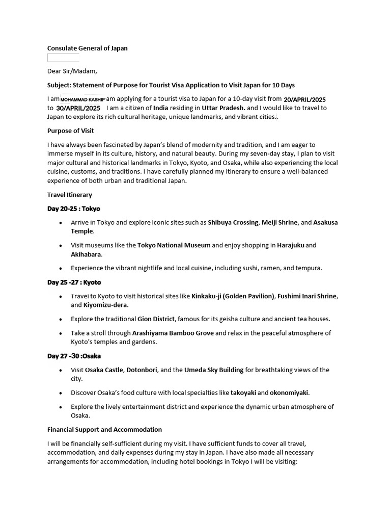 Japan Visa Application Statement | PDF | Tokyo | Kyoto