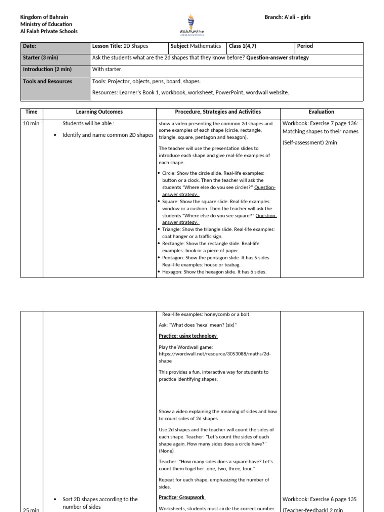 Grade 2 Lesson Plan: 2D Shapes | PDF | Shape | Skill