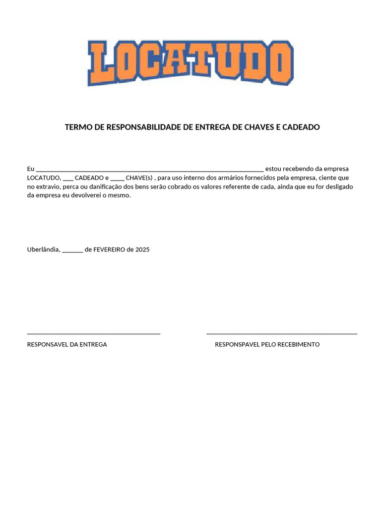Termo de Responsabilidade de Entrega de Chaves e Cadeado | PDF