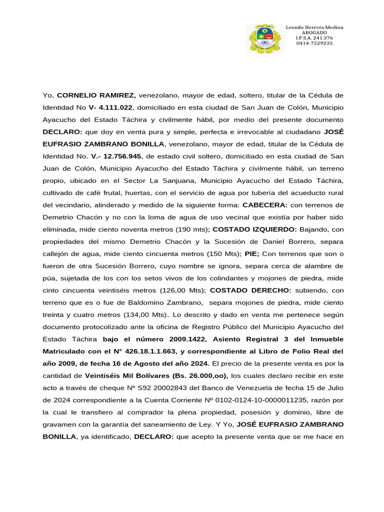 VENTA DE CRUZ CORNELIO A JOSE ZAMBRANO SEPTIEMBRE 2024 | PDF | Venezuela