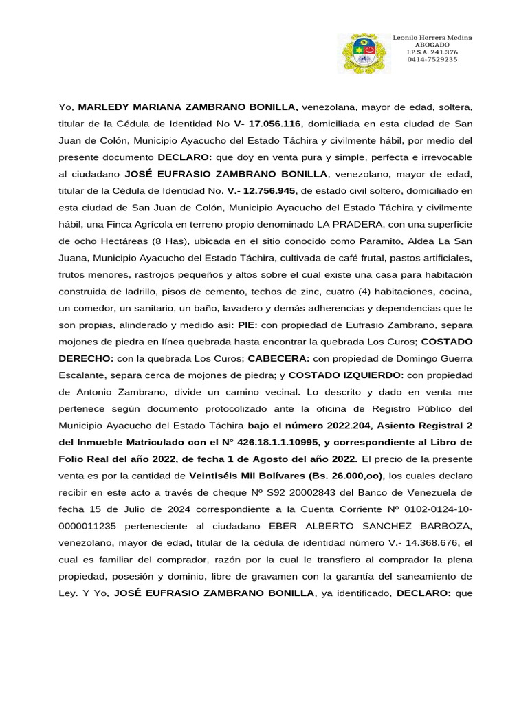 Venta de Yuya A Jose Zambrano Julio 2024 | PDF | Venezuela