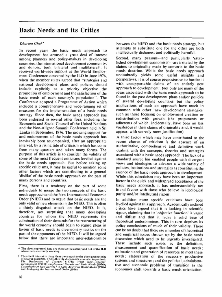 Dharam Ghai - Basic Needs and Its Critics | PDF | Goods | Basic Needs