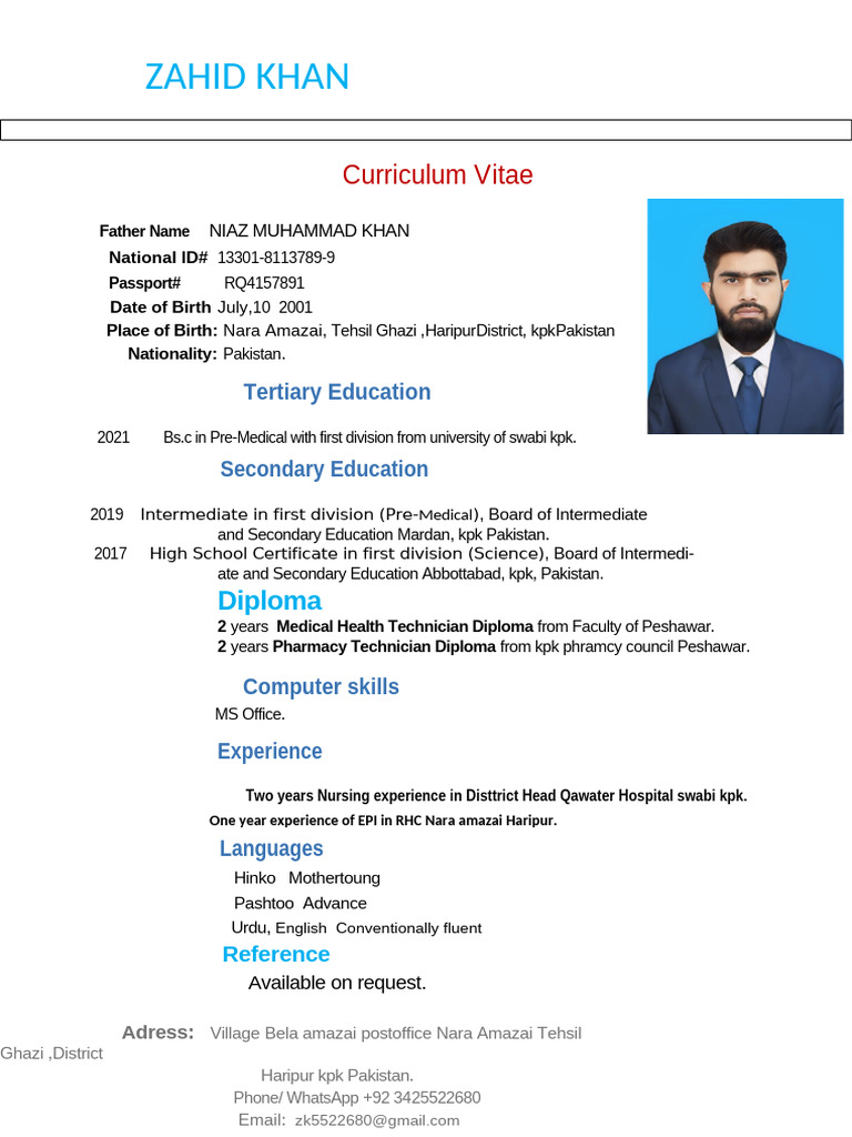 Zahid Khan: Health Technician CV | PDF