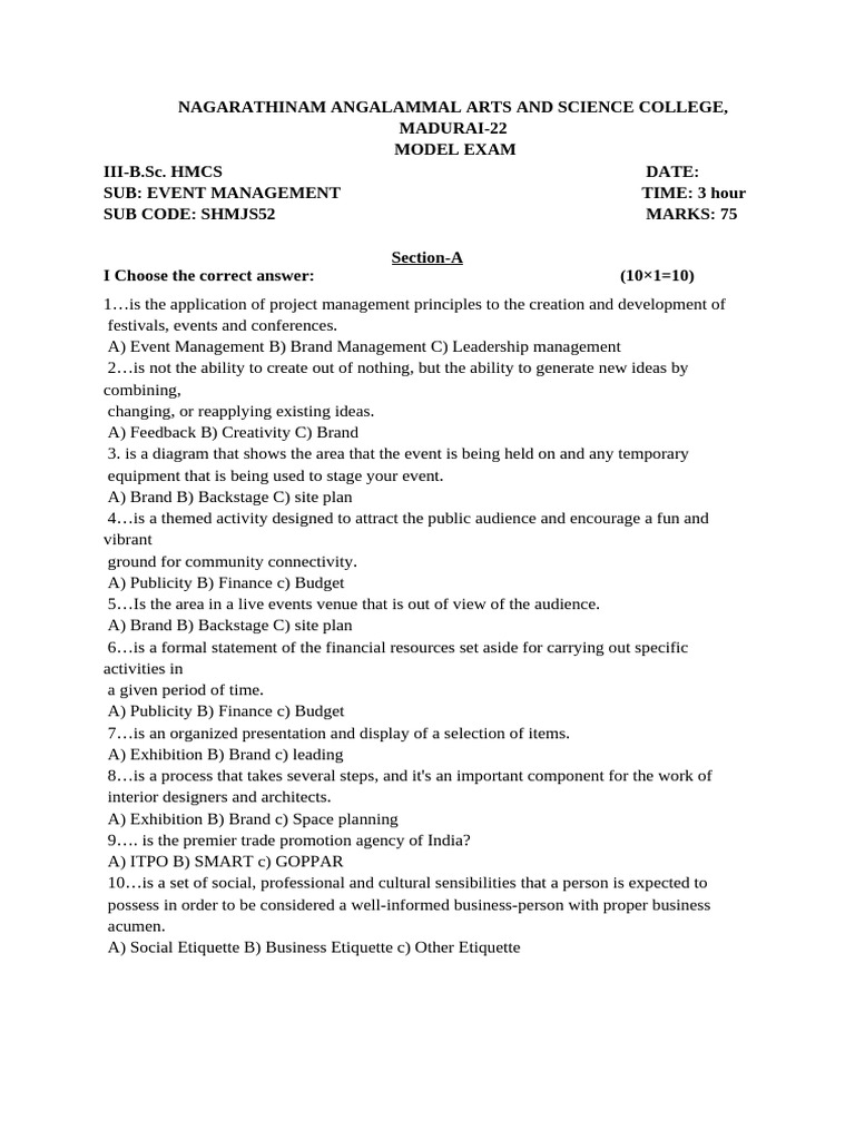 Event Management III Year MODEL EXAM | PDF | Business