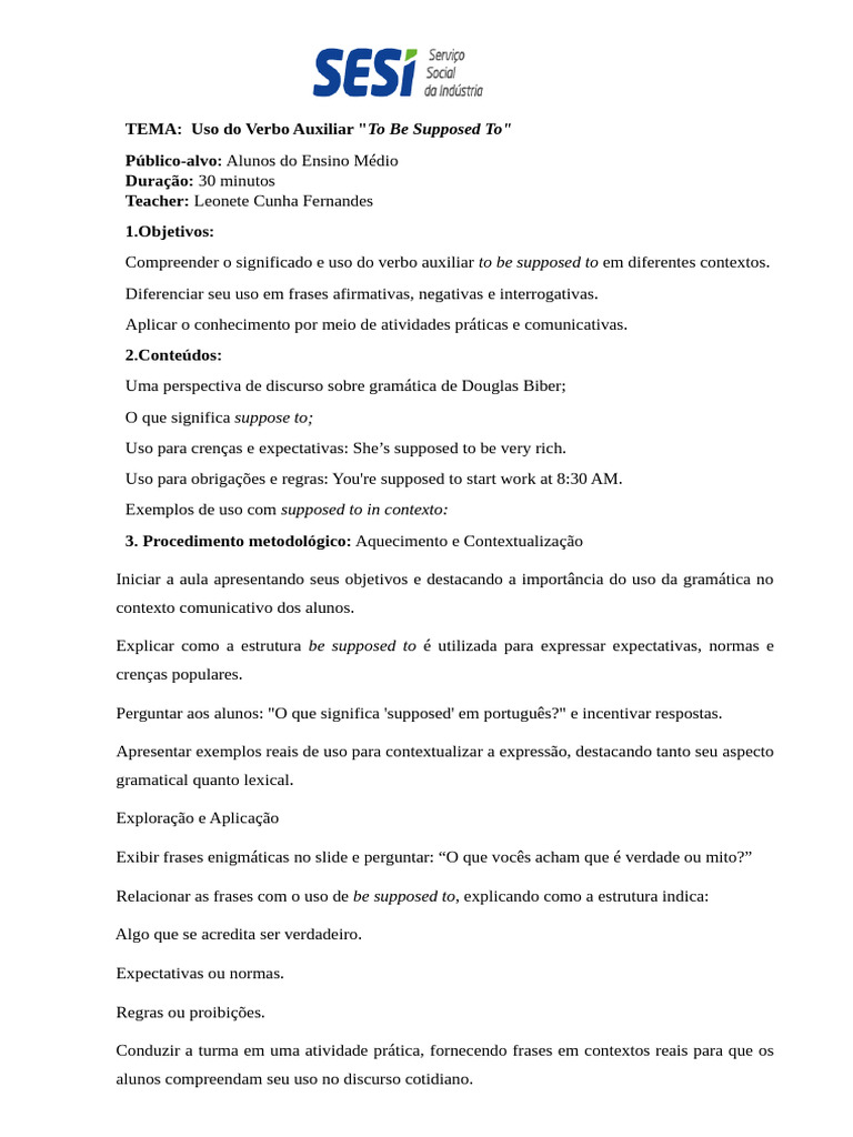 Plano de Aula Sesi - Supposed To | PDF