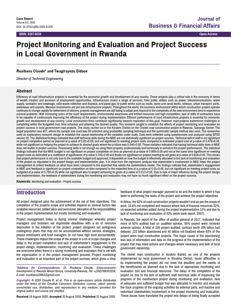 Project Monitoring and Evaluation and Project Success in Local Government in Rwanda | PDF ...