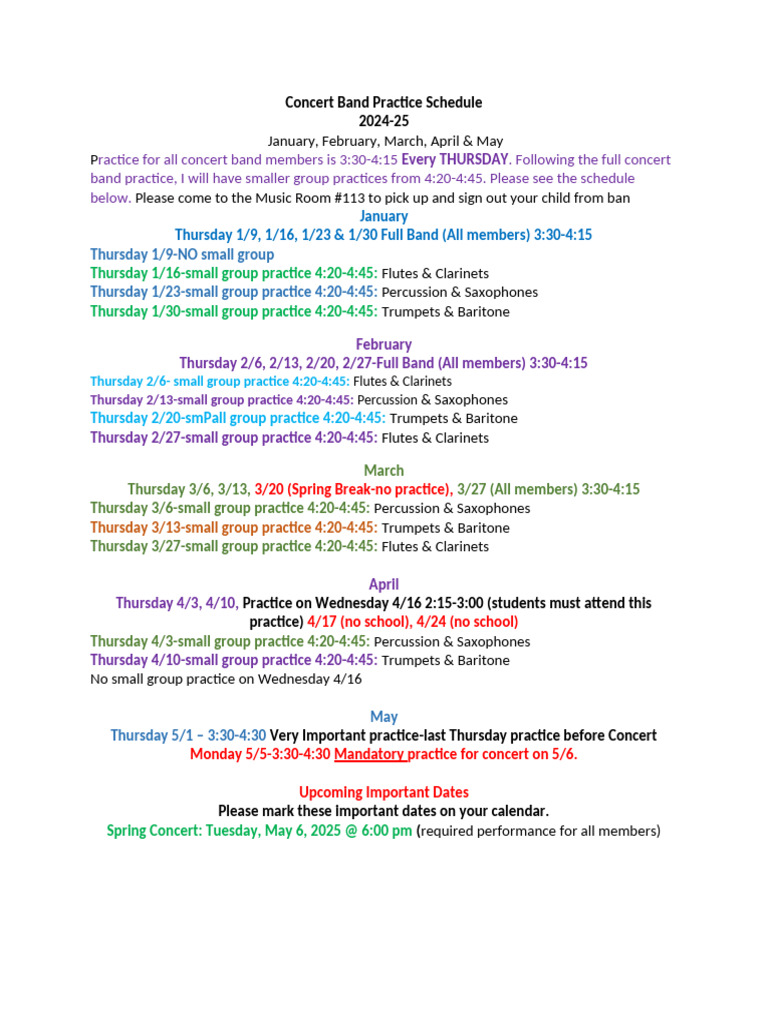 Jan.-May Concert Band Practice Schedule | PDF