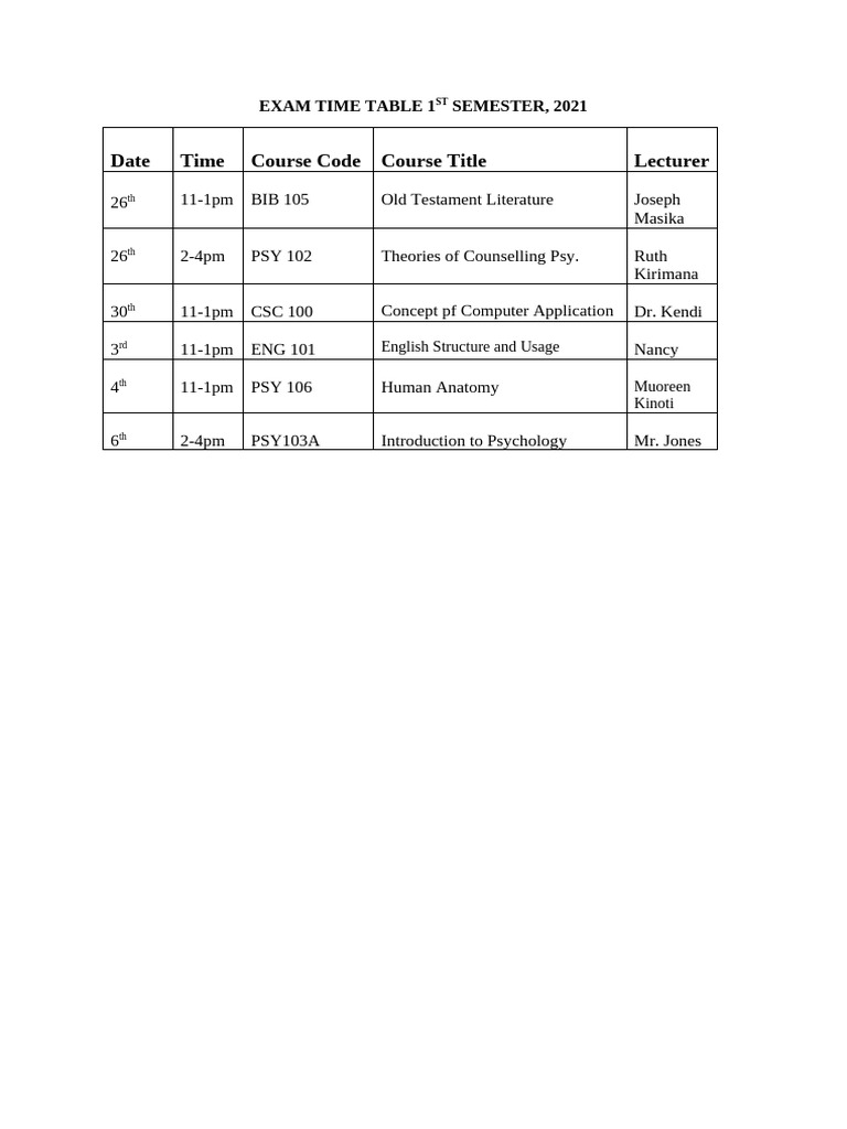 Exam Time Table 1st Semester (Draft) | PDF