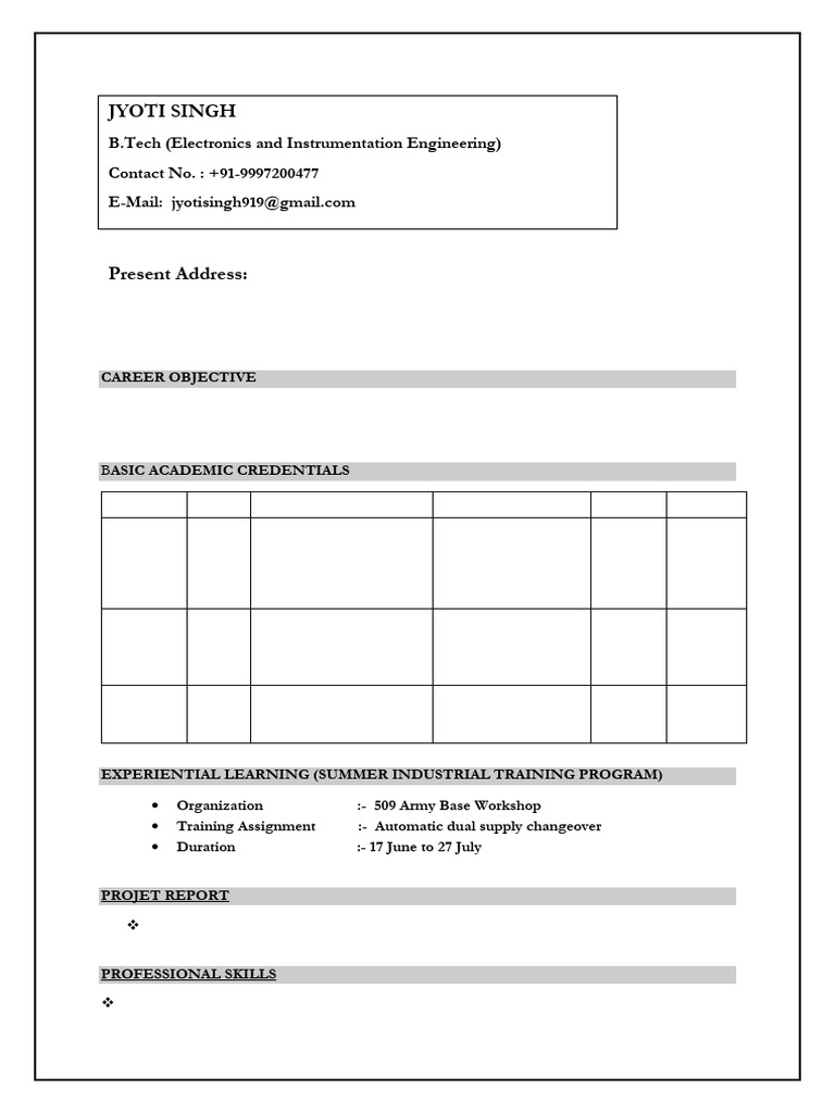 B.Tech Graduate Resume: Electronics & Instrumentation | PDF
