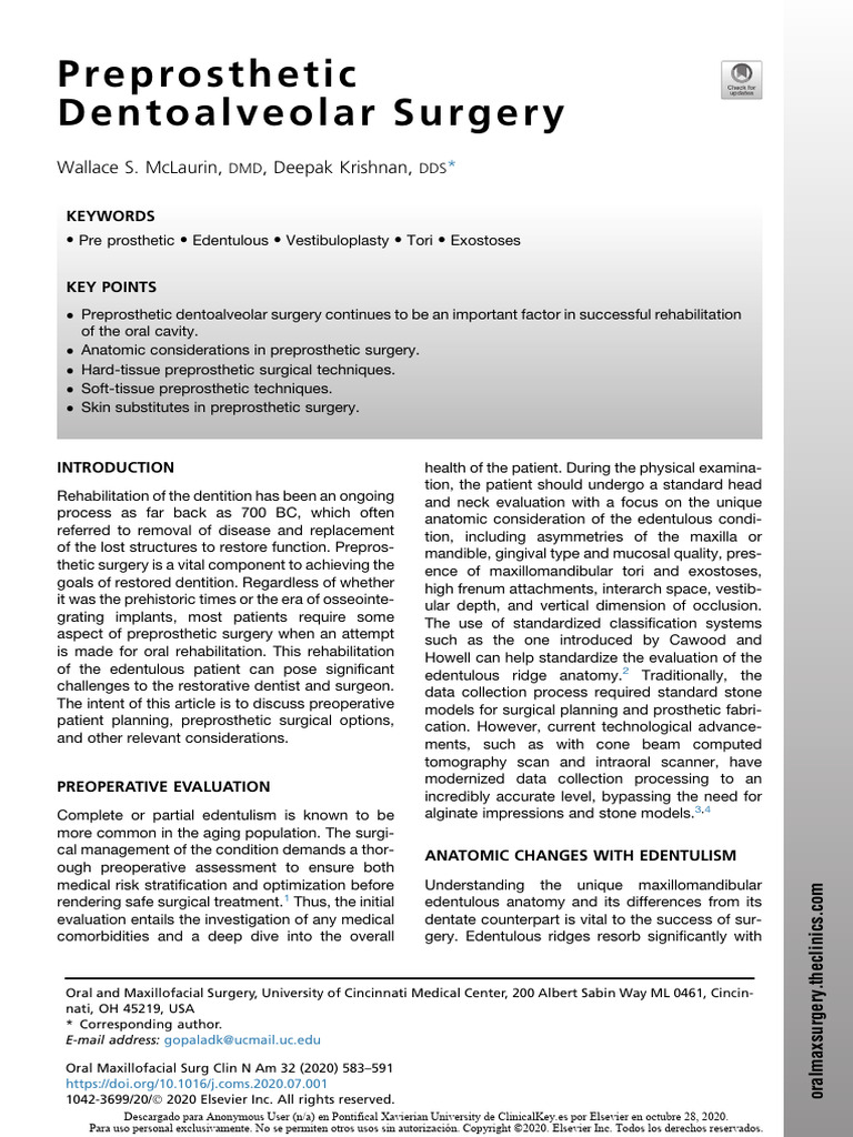 Preprosthetic Dentoalveolar Surgery | PDF