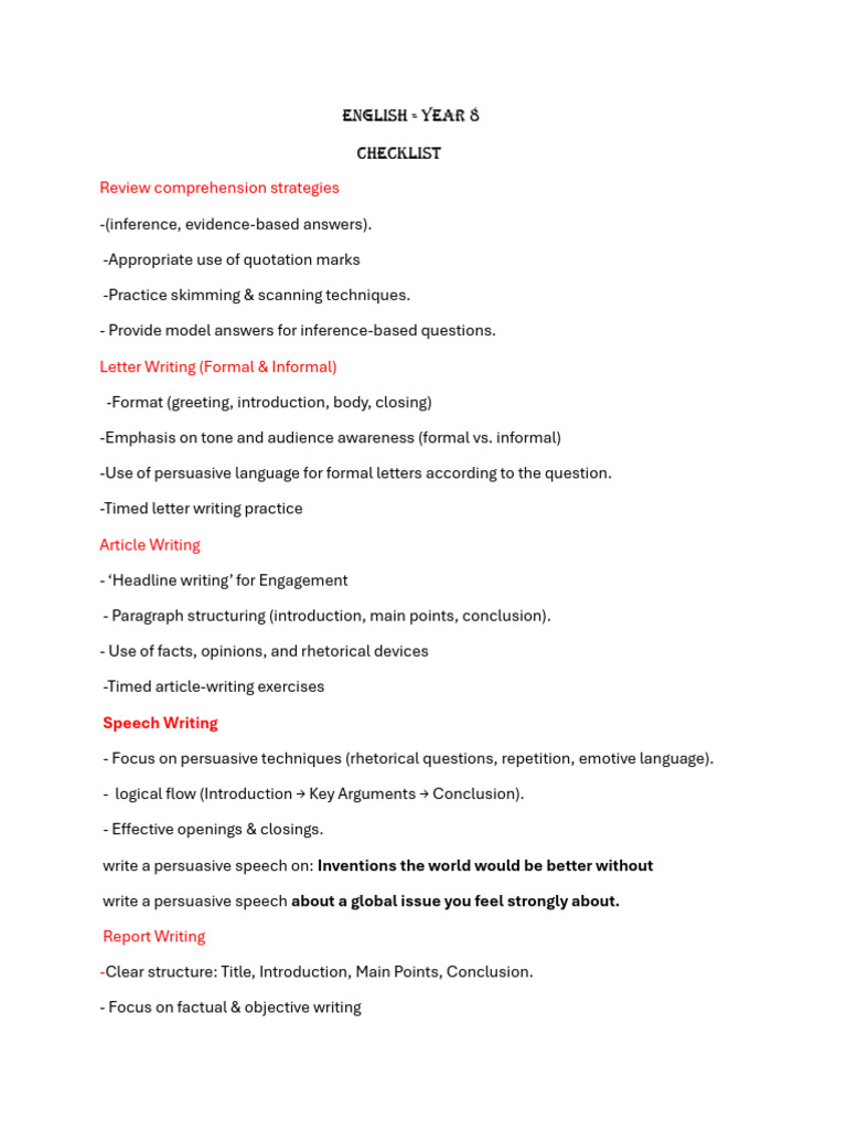 Checklist Year 8 | PDF