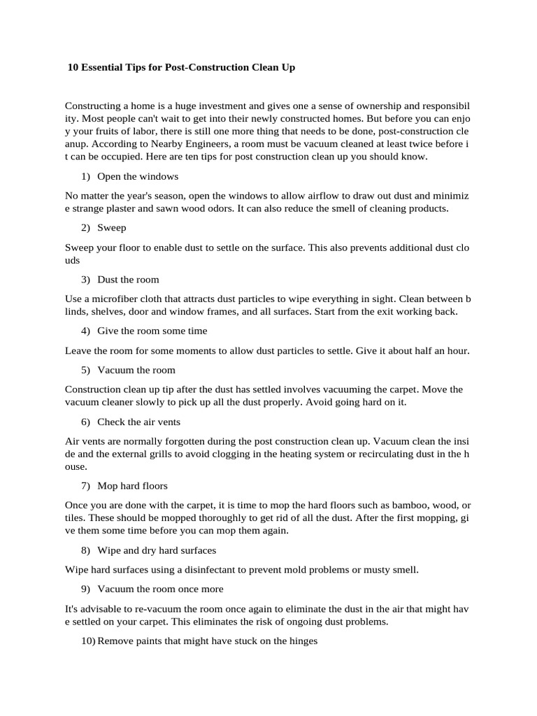 Instructions - 10 Essential Tips For Post-Construction Clean Up | PDF