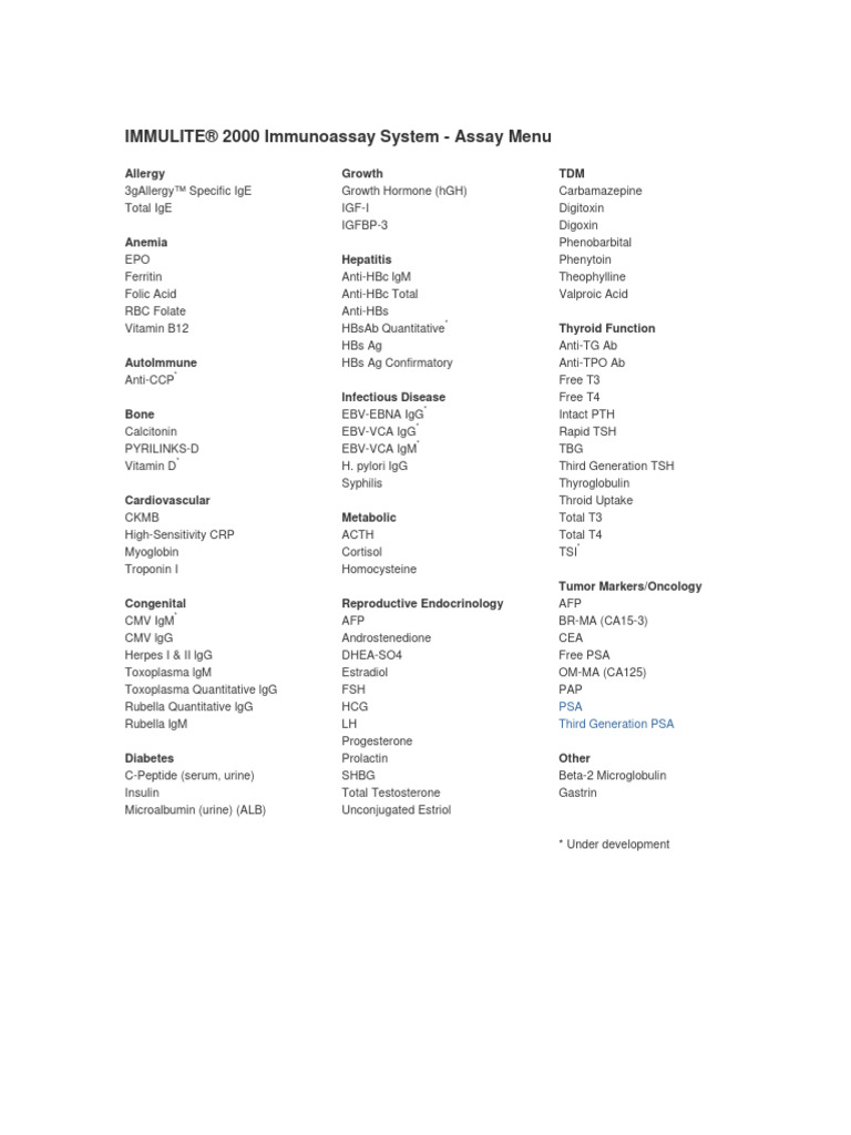 Immulite 2000 Assay Menu | PDF | Thyroid | Endocrinology