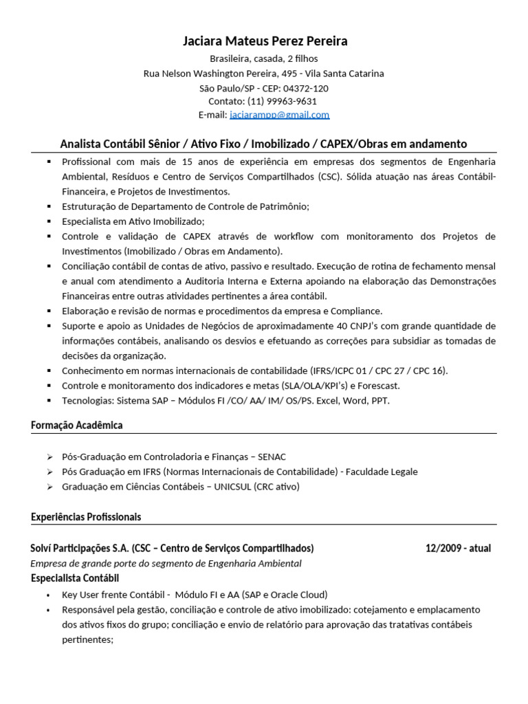 CV - Jaciara Mateus Perez Pereira | PDF | Contabilidade | Economia financeira