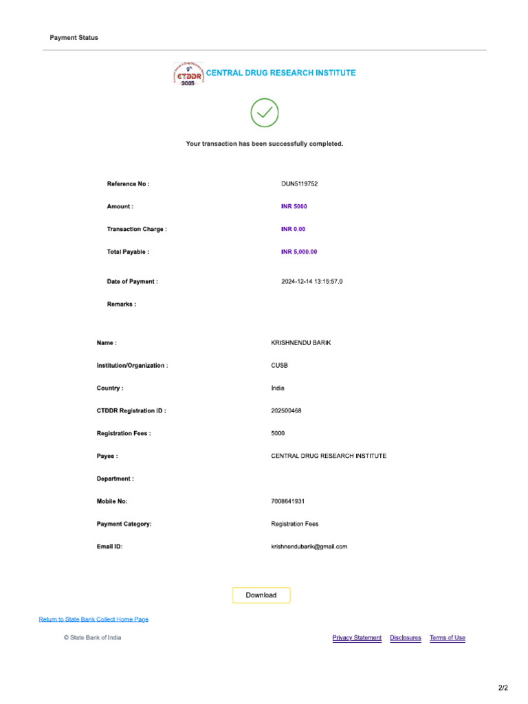 CDRI - 202500468 - Payment Reciept | PDF