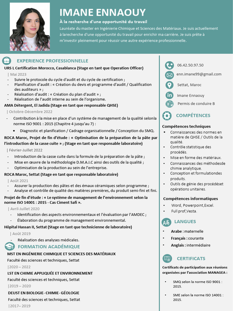 Curriculum vitae Imane 1 | PDF | Audit | Système de management de la qualité