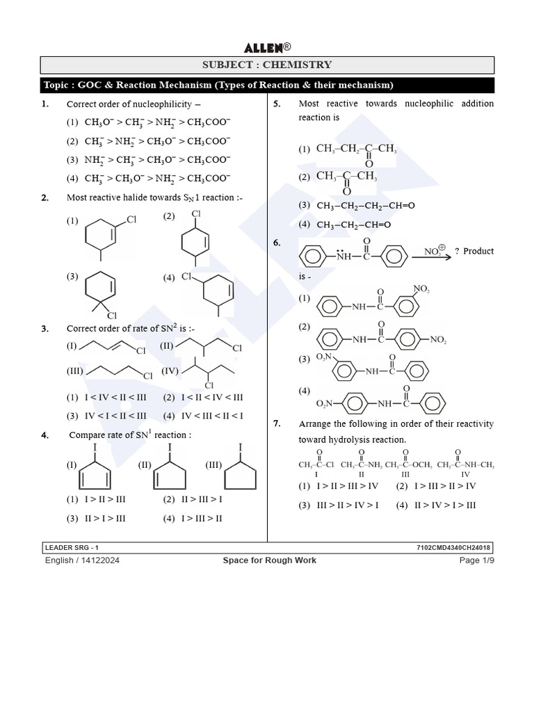 NEET_LEADER_SRG_ASSIGNMENT_CHEMISTRY_14_12_2024 | PDF | Chemical Reactions | Organic Compounds