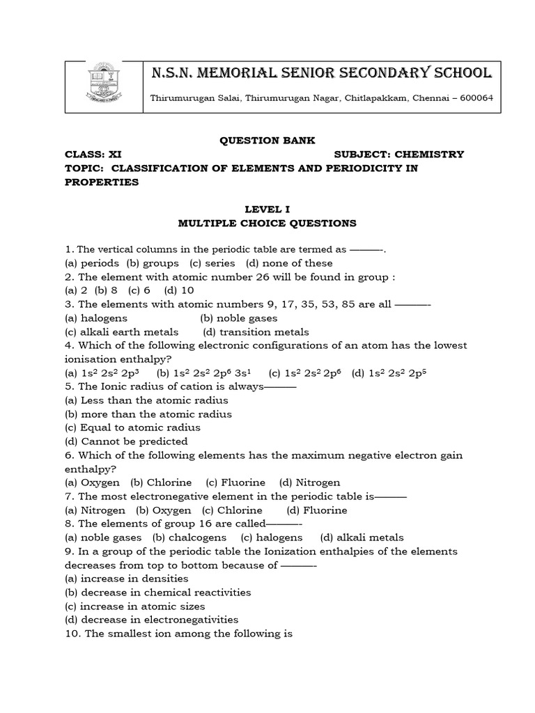 Periodicity and Element Classification Quiz | PDF | Periodic Table | Ion