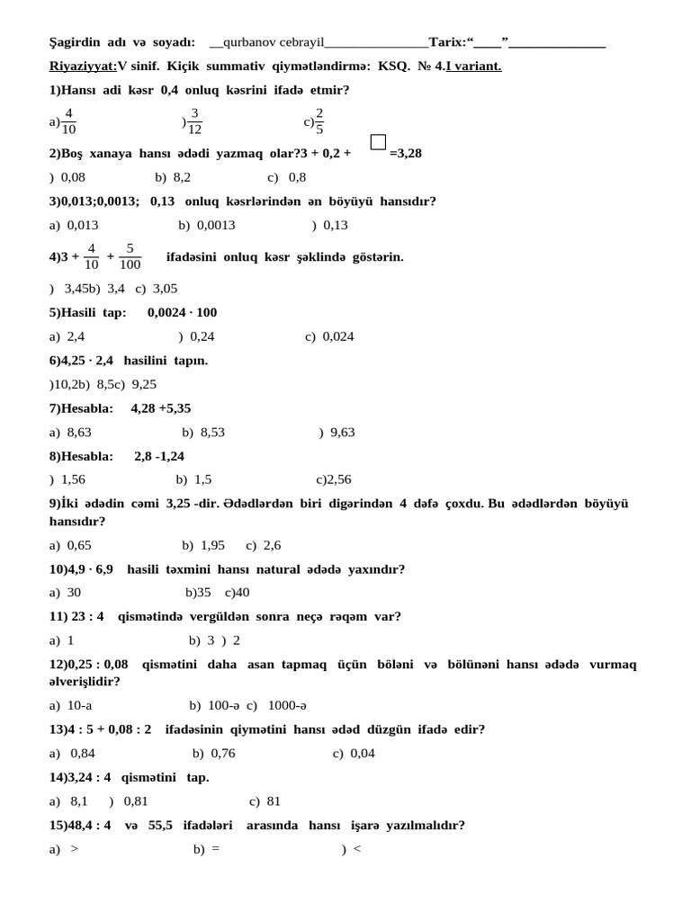 Riyaziyyat V Sinif. KSQ-4 | PDF