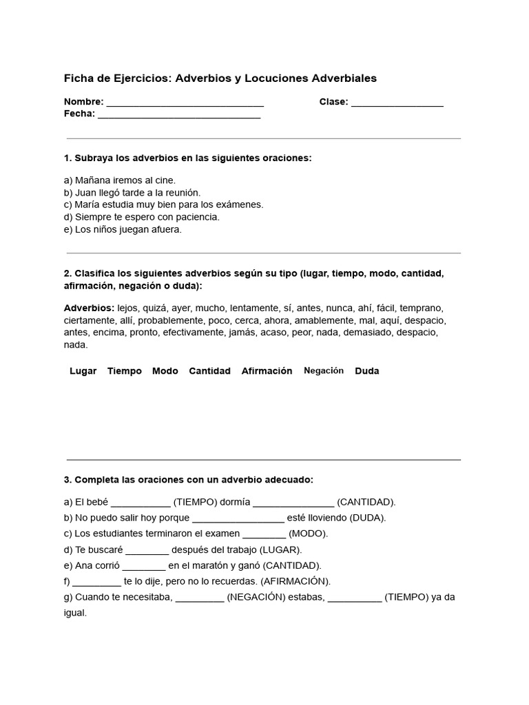 Ficha de Ejercicios - Adverbios y Locuciones Adverbiales | PDF | Adverbio