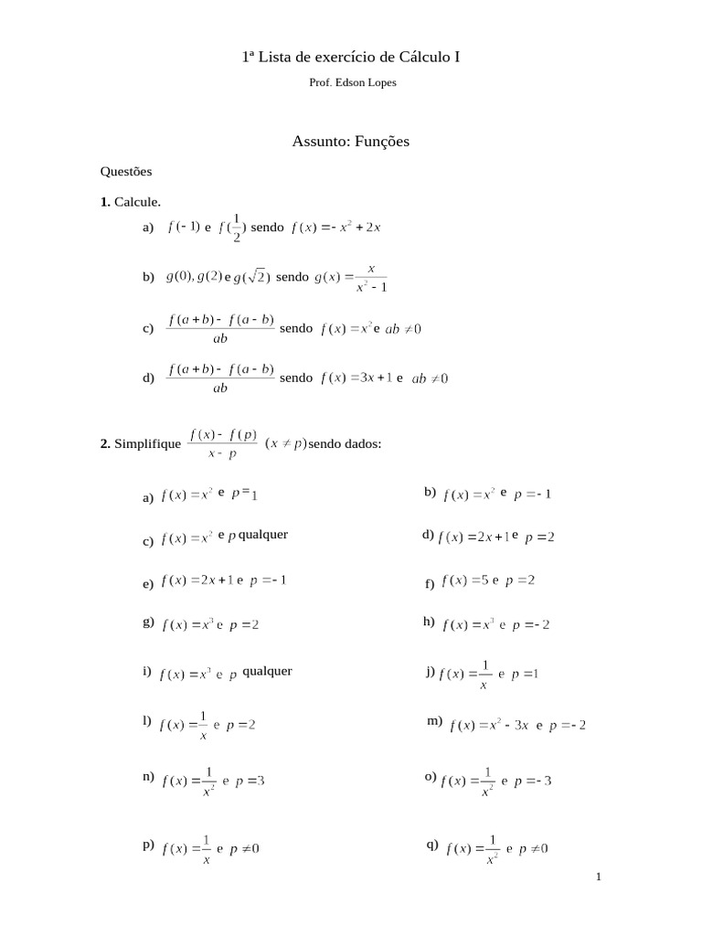 1 Lista de Exercício de Cálculo I | PDF | Cálculo | Função (Matemática)