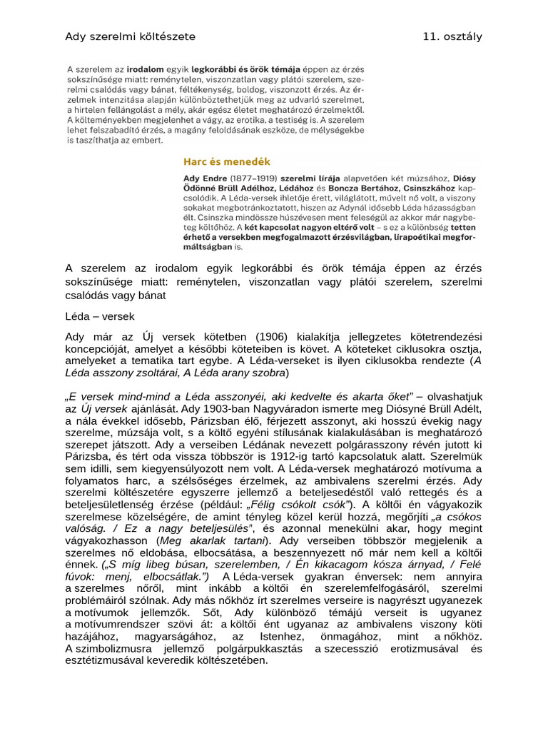 Ady Szerelmi Lírája Vázlat | PDF