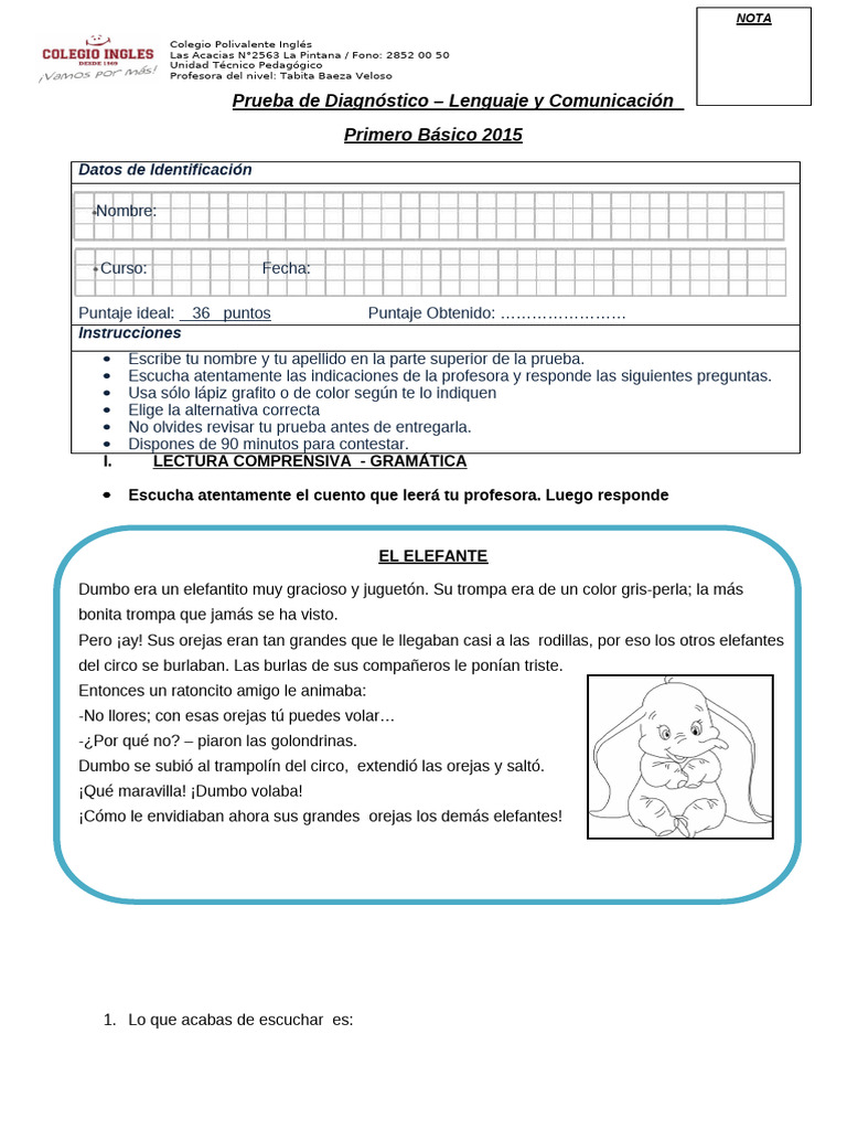 Prueba de Diagnostico Lenguaje 1º Básico Ok | PDF | Comunicación ...