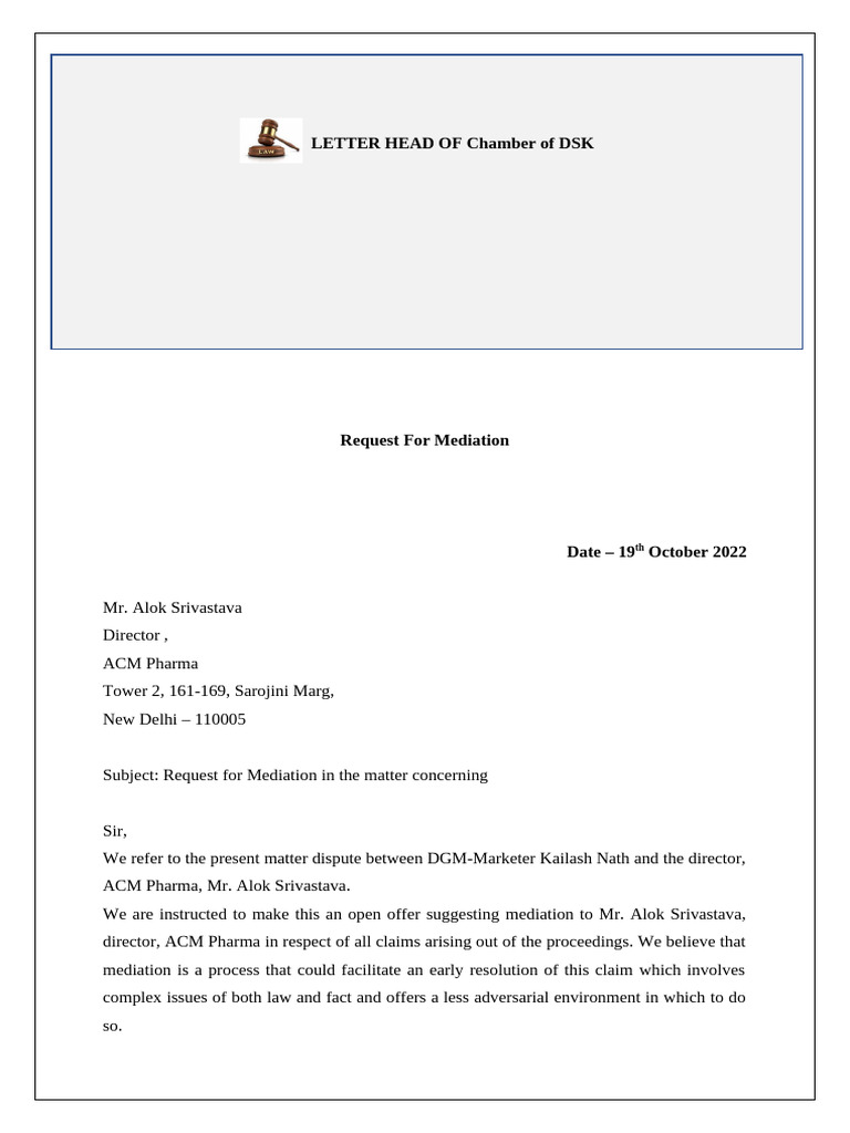 LETTER HEAD OF Chamber of DSK | PDF | Mediation | Common Law