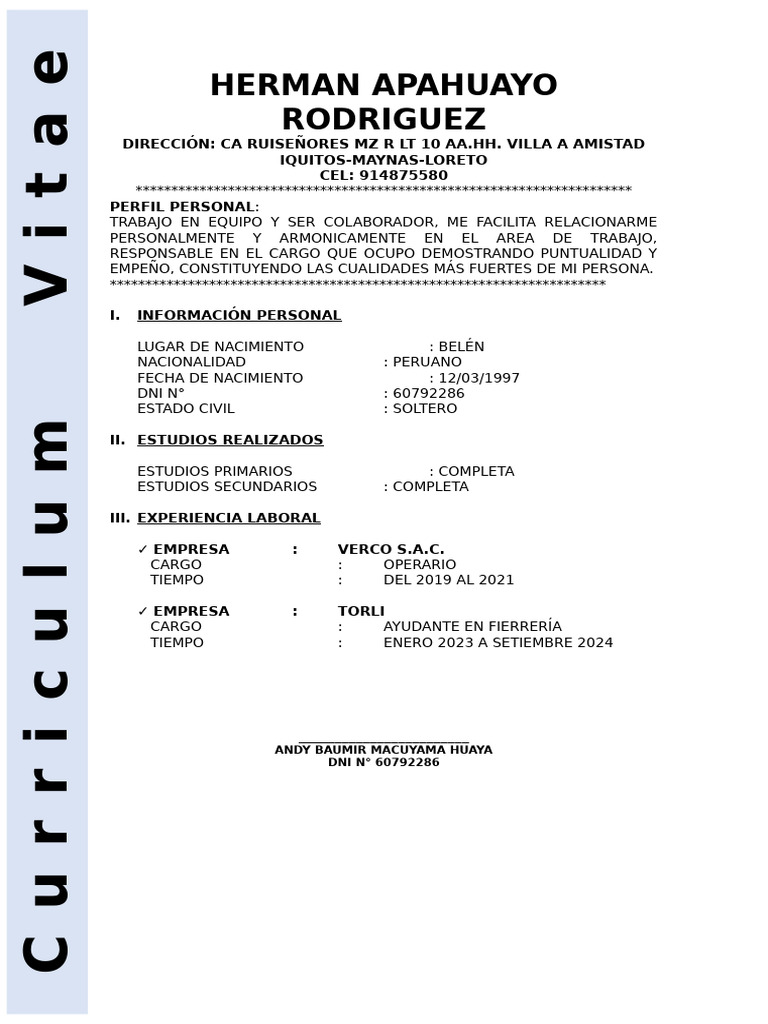 CV - Andy Baumir Macuyama Huaya02 | PDF