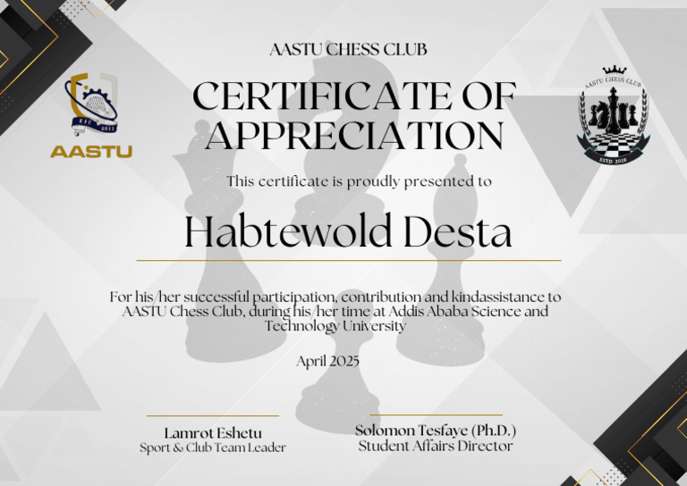 AASTU Chess Club Appreciation Certificate | PDF