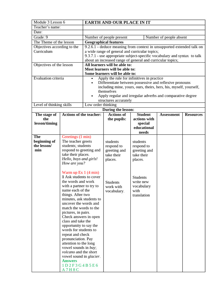 Earth Geography Lesson Plan for Grade 9 | PDF | Curriculum | Linguistics
