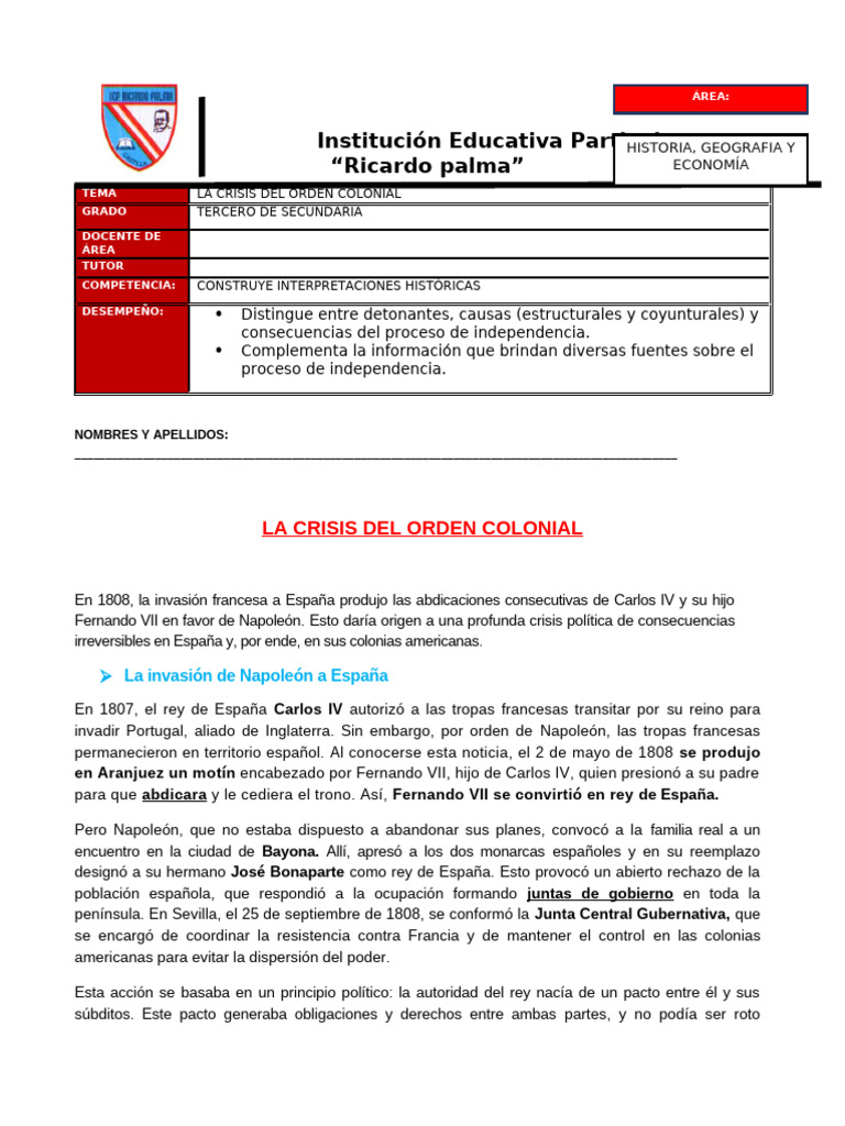 Crisis del Orden Colonial en América | PDF | Imperio español | Guerra ...
