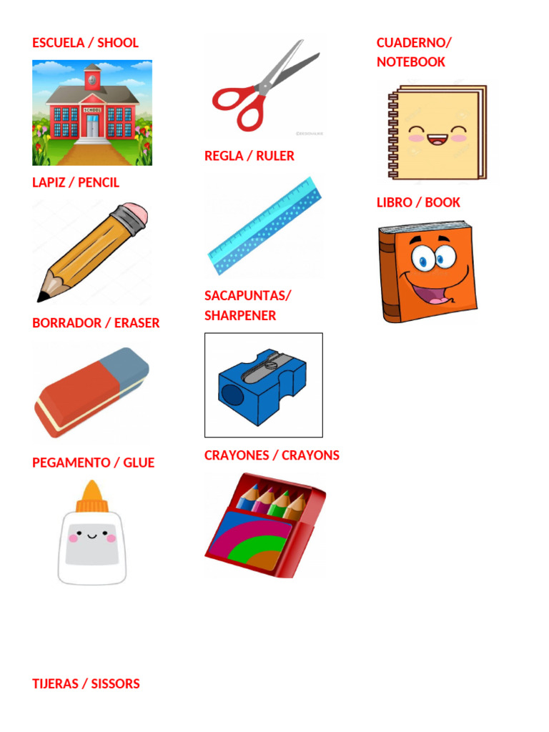 Útiles escolares en inglés y español | PDF