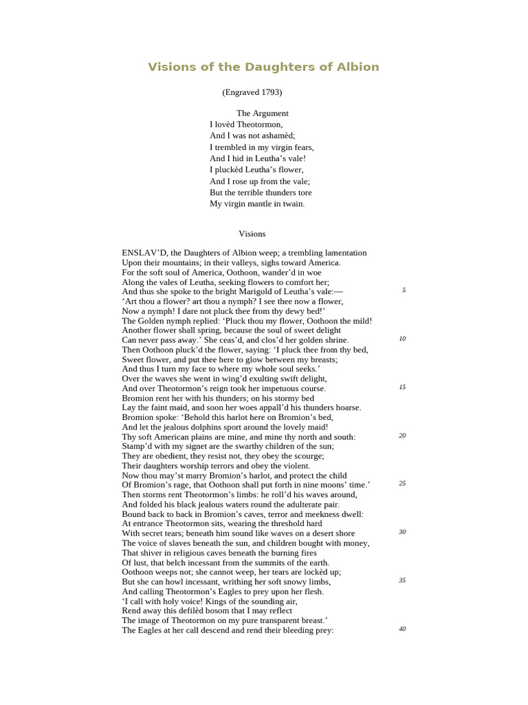 Oothoon's Lament in Albion's Vision | PDF