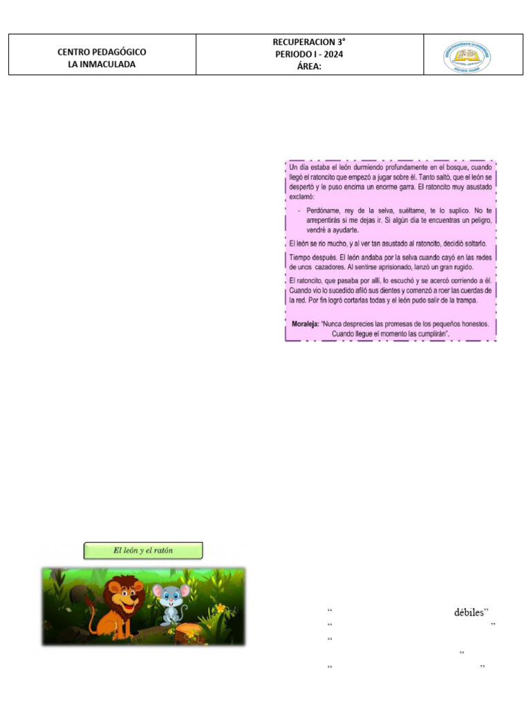 Recuperación de Castellano 3° Periodo 2024 | PDF | Fábula