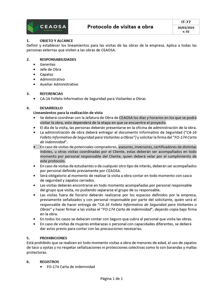 Protocolo de Visitas a Obras IT-77 | PDF