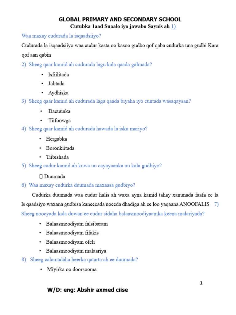 Suaalo Iyo Jawabo Saynis Ah 8aad | PDF