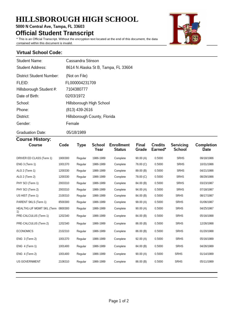 Cassandra Stinson Transcript | PDF