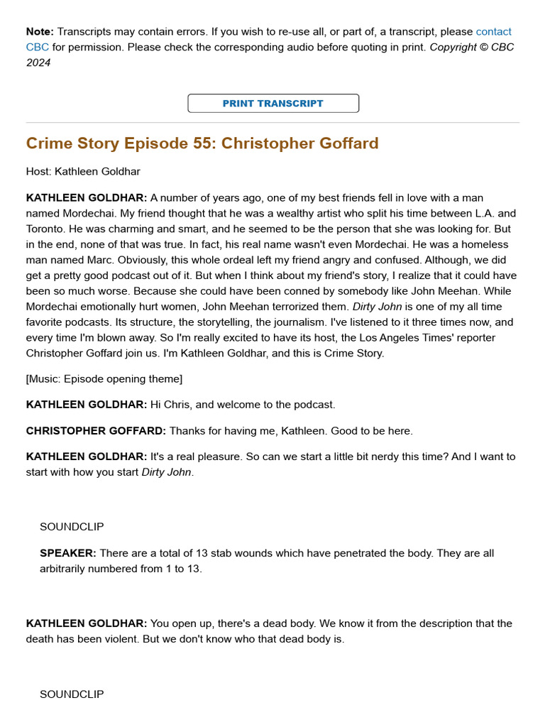 Transcript - Crime Story, Episode 55 - CBC Radio | PDF
