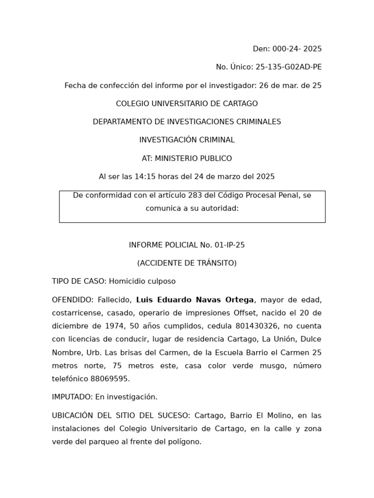 INFORME POLICIAL (Accidentología Vial) | PDF